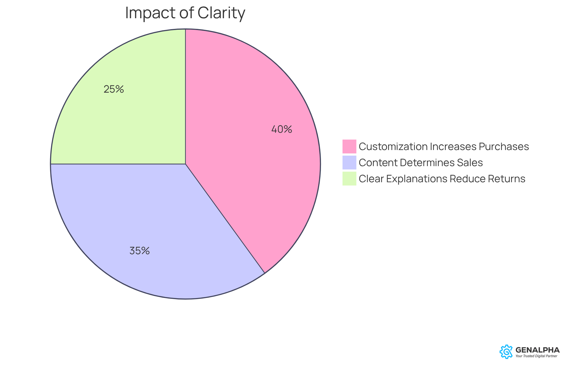 Each slice of the pie shows how important clear product descriptions are to customers. The bigger the slice, the more significant that statistic is in influencing buying decisions.