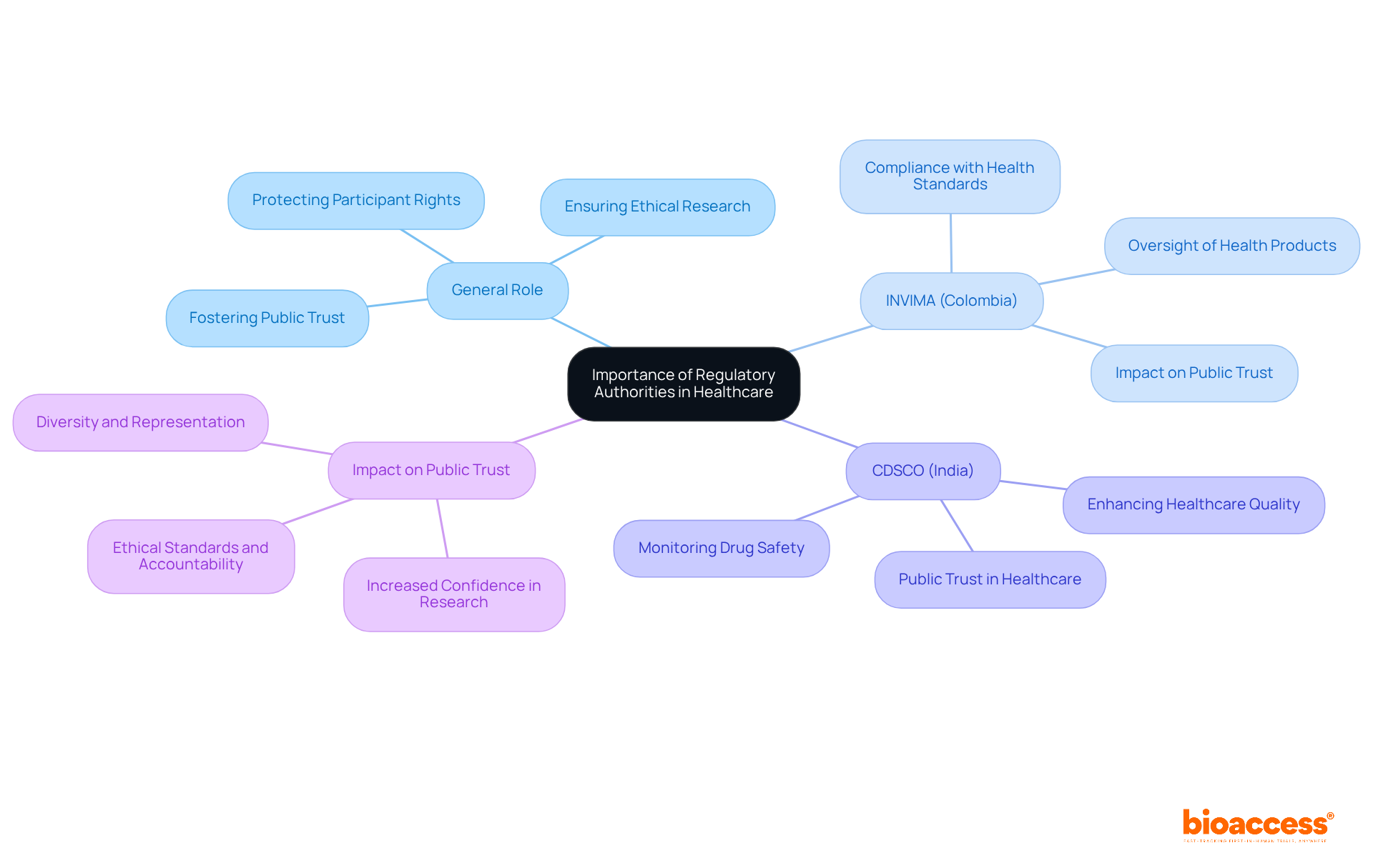 The central node represents the overall importance of regulatory authorities, while the branches show specific examples and their contributions to public trust and safety in healthcare.