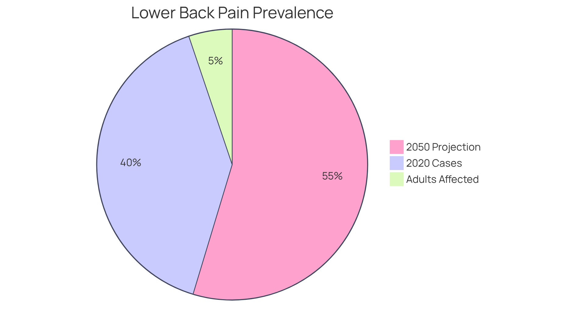 This chart shows how many people are affected by lower center back pain. The larger the slice, the more people it represents. The blue slice shows that 80% of adults will experience this pain at some point, while the green and orange slices represent the millions of people affected in 2020 and the projected number in 2050. This chart shows how many people are affected by lower center back pain. The larger the slice, the more people it represents. The blue slice shows that 80% of adults will experience this pain at some point, while the green and orange slices represent the millions of people affected in 2020 and the projected number in 2050.
