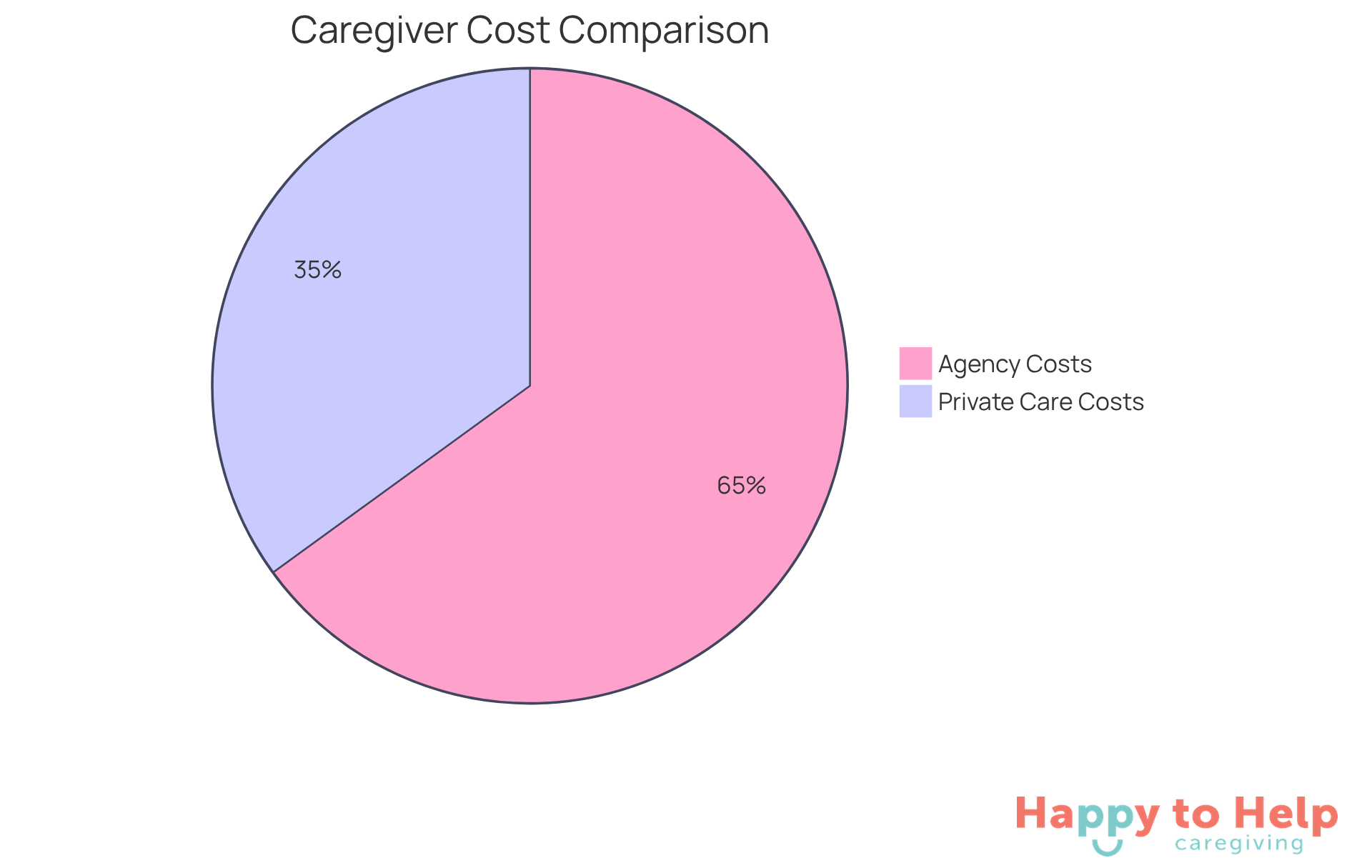 The blue slice shows the higher costs of hiring through an agency, while the green slice represents the lower costs of employing a private caregiver. The size of each slice helps you see how much more you might pay for agency services.