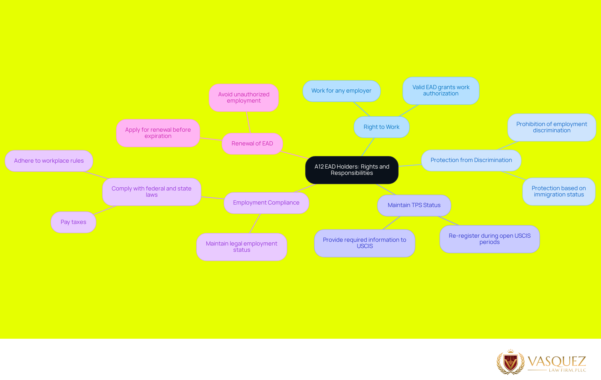 This mindmap shows the key rights and responsibilities of A12 EAD holders. Each branch represents a specific right or responsibility, helping you understand what you are entitled to and what is expected of you as a TPS beneficiary.