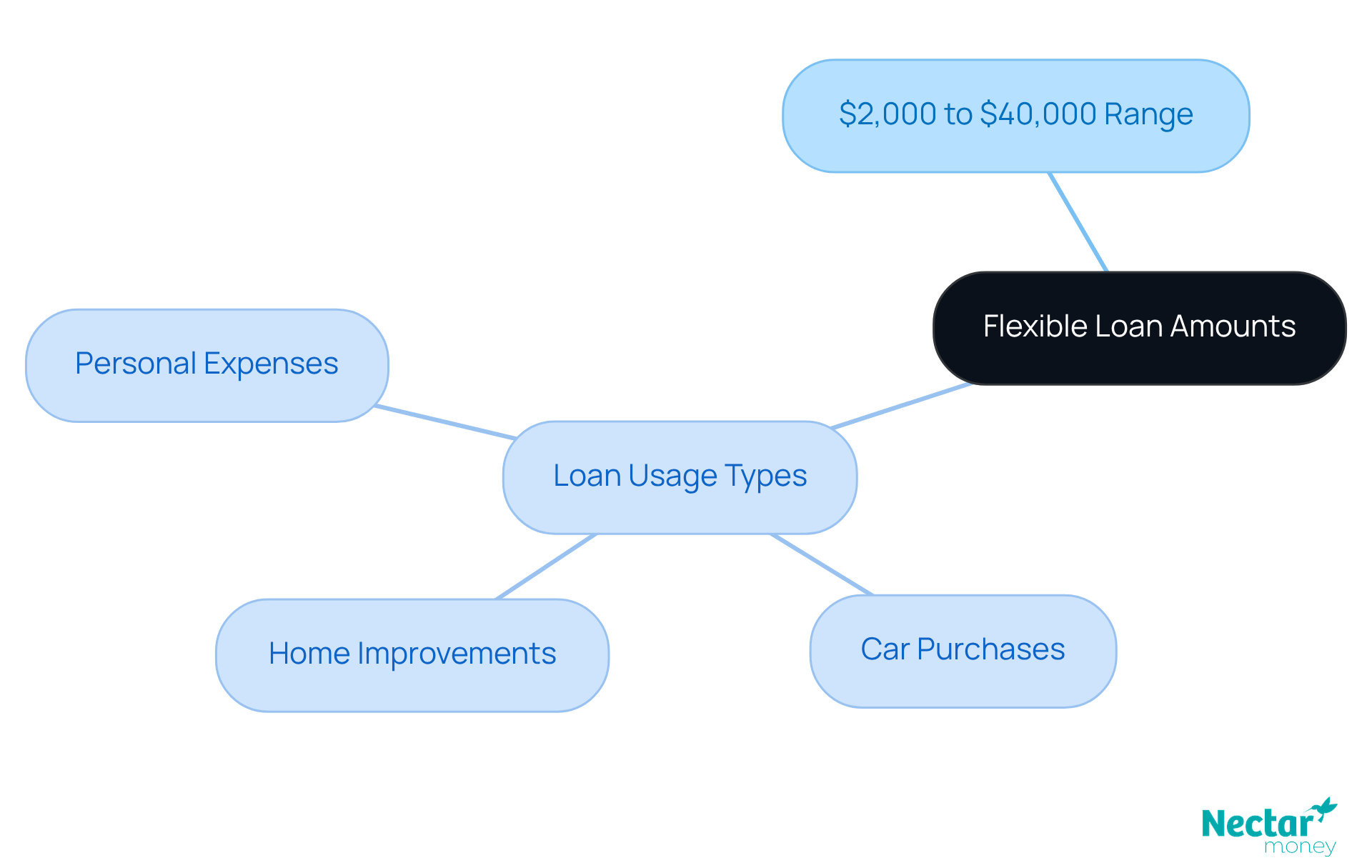 The center shows the concept of flexible loans, while the branches indicate how different amounts can cater to specific [financial needs](https://nectar.co.nz/10-essential-tips-for-navigating-bad-credit-car-finance/). Follow the branches to see various uses for the loans.
