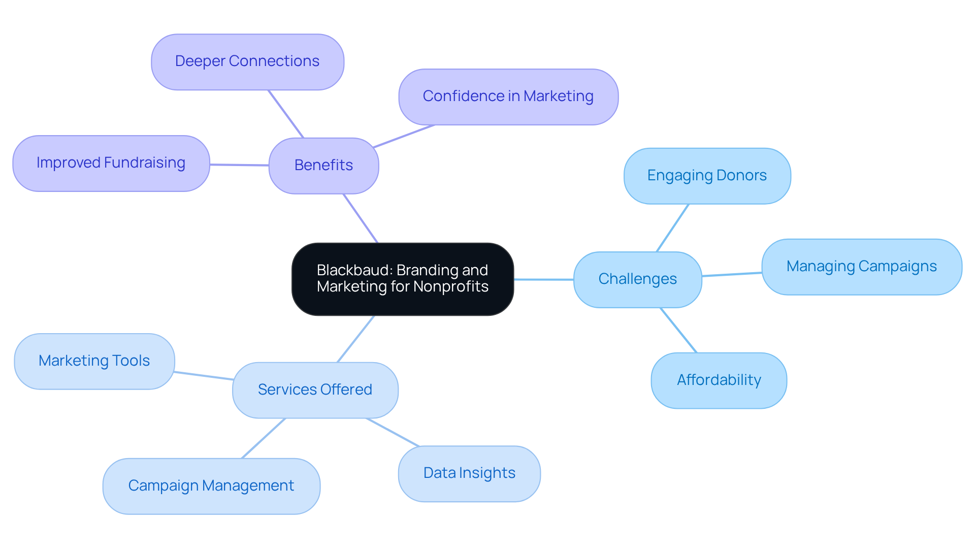 The center shows Blackbaud's role, with branches detailing the challenges nonprofits face, the services available to them, and the benefits of using these services. This helps visualize how everything connects.