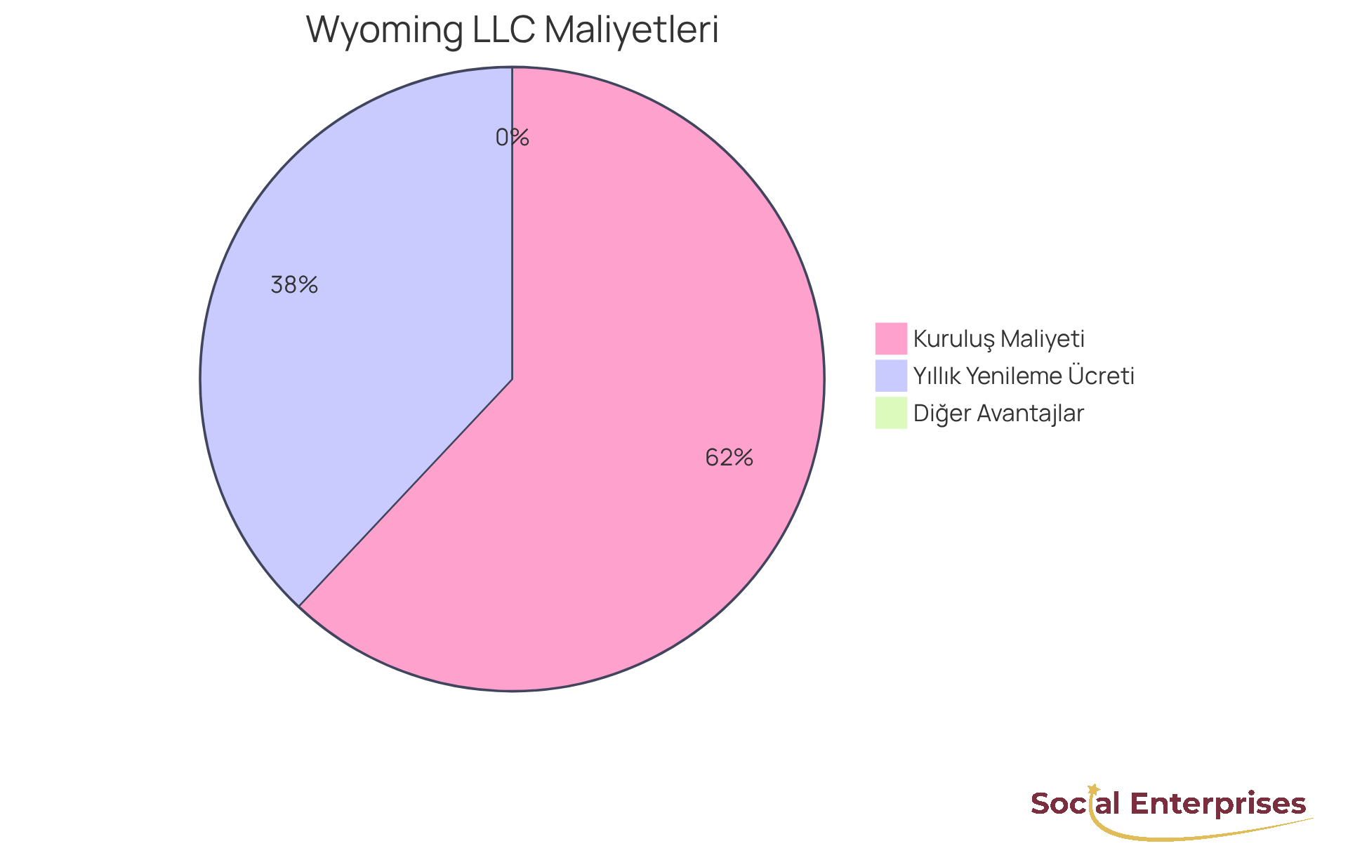 Her parça, Wyoming'de LLC kurmanın maliyet ve avantajlarını gösteriyor. Örneğin, kuruluş maliyeti en büyük parça çünkü en fazla ödemeyi temsil ediyor. Her parça, Wyoming'de LLC kurmanın maliyet ve avantajlarını gösteriyor. Örneğin, kuruluş maliyeti en büyük parça çünkü en fazla ödemeyi temsil ediyor.
