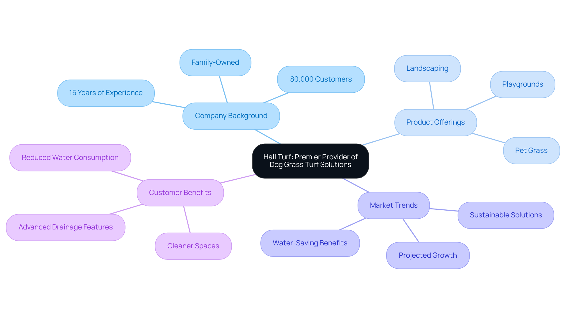 This mindmap illustrates the key aspects of Hall Turf's business. Start at the center with the company name, then explore the branches to see their background, what they offer, market trends, and the benefits for customers. Each branch represents a different theme, helping you understand how they all connect. This mindmap illustrates the key aspects of Hall Turf's business. Start at the center with the company name, then explore the branches to see their background, what they offer, market trends, and the benefits for customers. Each branch represents a different theme, helping you understand how they all connect.