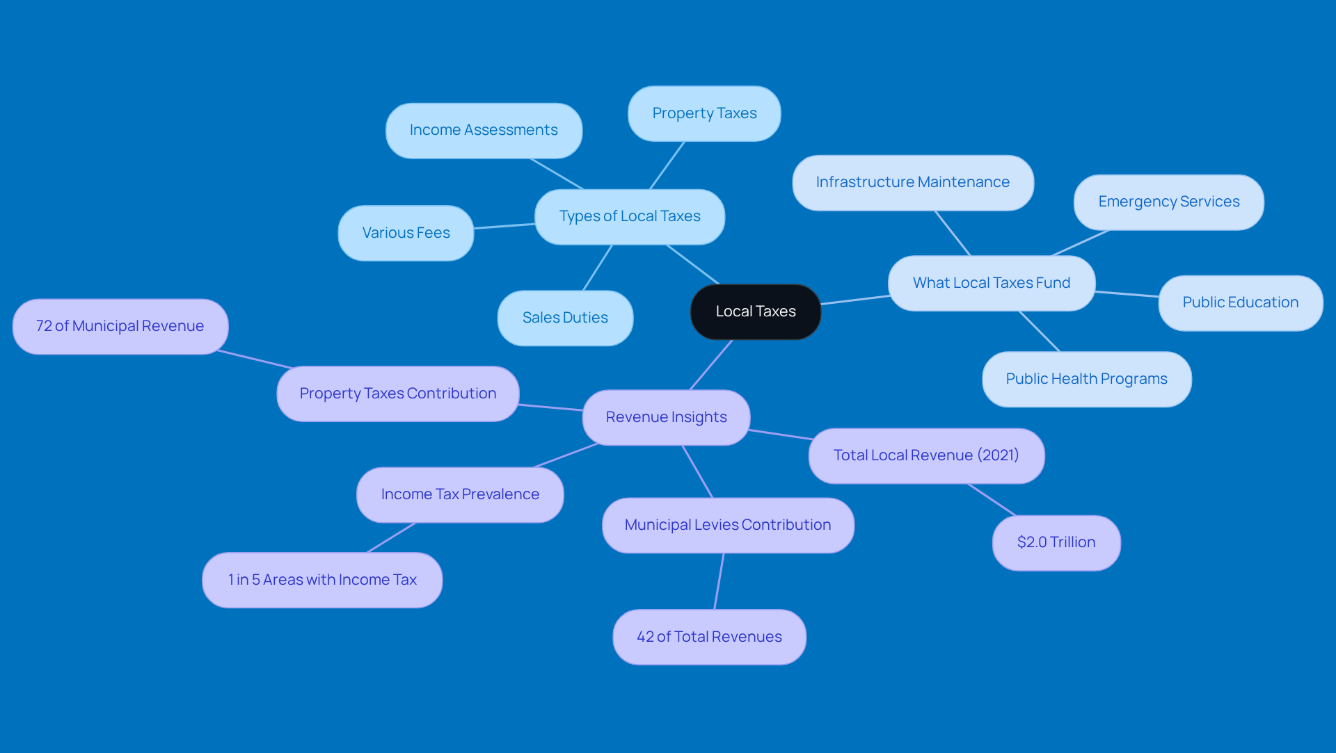 The center represents local taxes, while the branches show different types of taxes and what they support in your community. Each color-coded branch helps you see how these taxes contribute to essential services that improve life in your area.