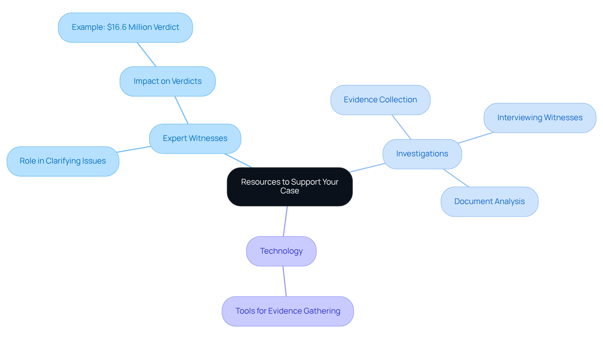 The central node represents the overall resources available, while the branches show specific types of support. Each sub-branch provides details on how these resources contribute to building a strong case. The central node represents the overall resources available, while the branches show specific types of support. Each sub-branch provides details on how these resources contribute to building a strong case.
