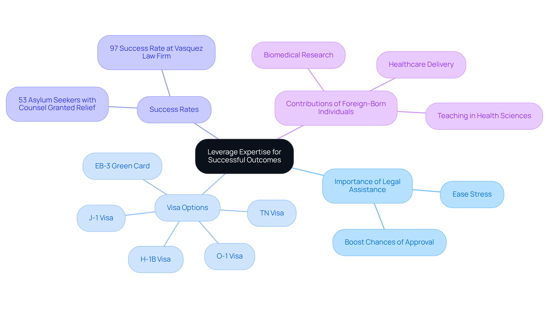 The central node represents the main theme of legal assistance in immigration. Each branch highlights a key aspect, showing how they connect to the overall goal of achieving successful outcomes in the visa process.