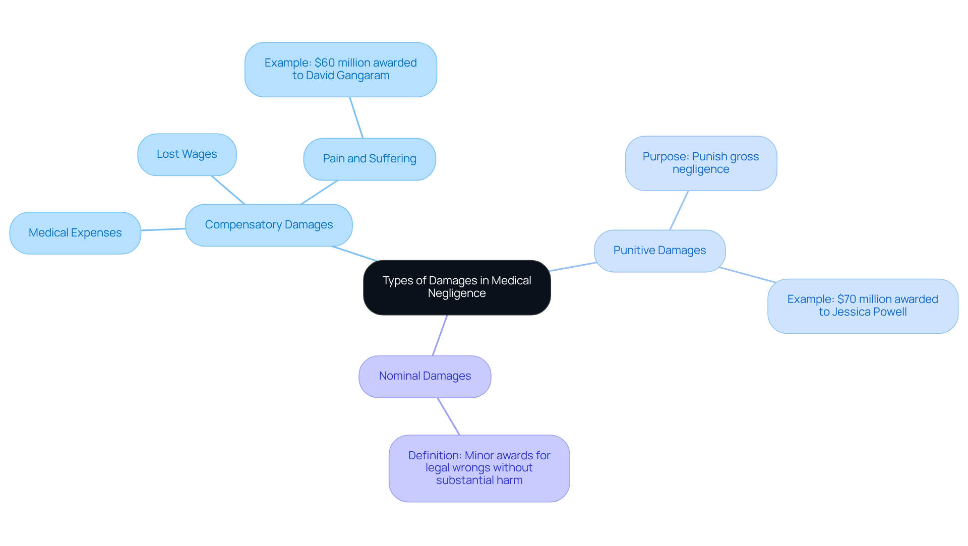The center represents the main topic, with branches showing different types of damages. Each color-coded branch highlights specific details and examples, helping you navigate through the legal landscape of medical negligence.