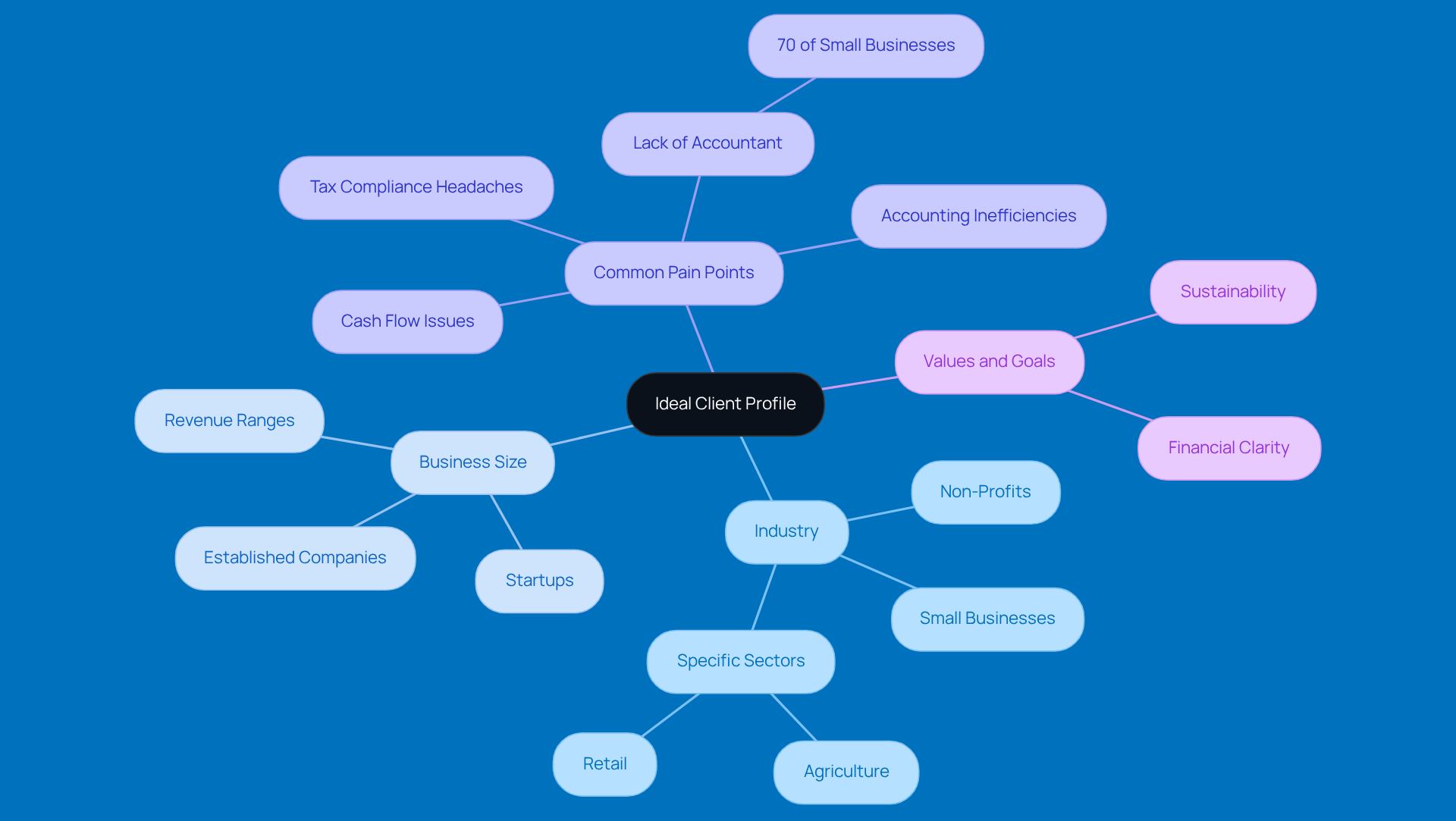 The center represents your ideal client profile, and the branches show the key characteristics to consider. Each color-coded branch helps you focus on different aspects of your target audience.