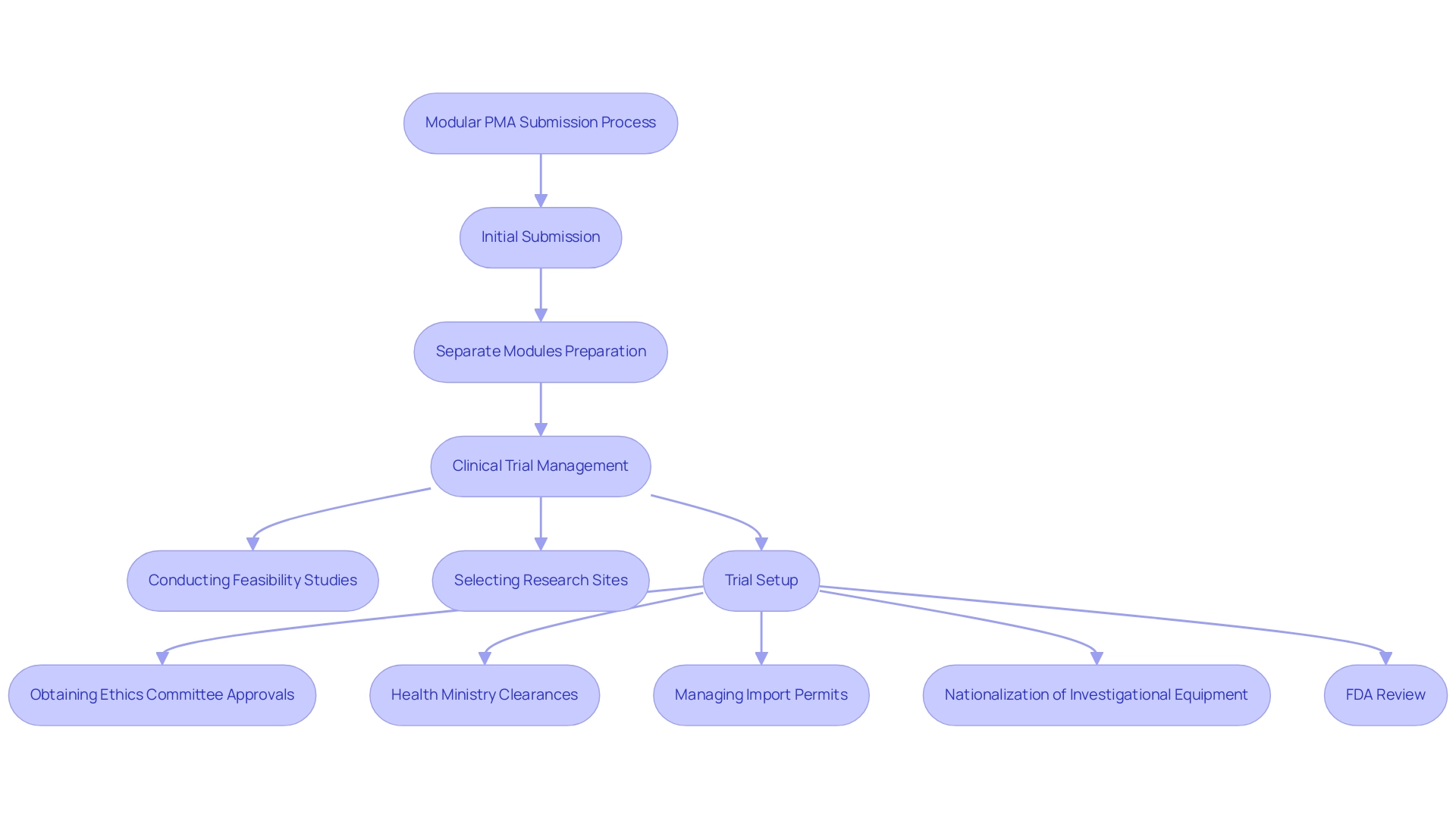 Each box represents a stage in the modular PMA submission process, and arrows indicate the flow from one stage to the next.