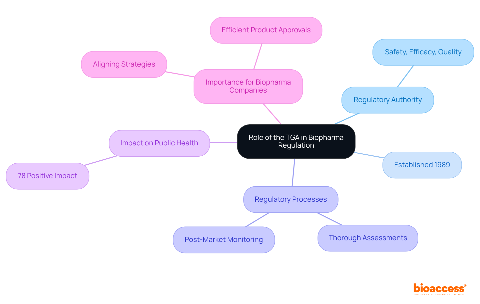 The central node represents the TGA's role, with branches showing its key functions and impacts. Each color-coded branch helps you navigate through the various aspects of TGA's regulatory framework.