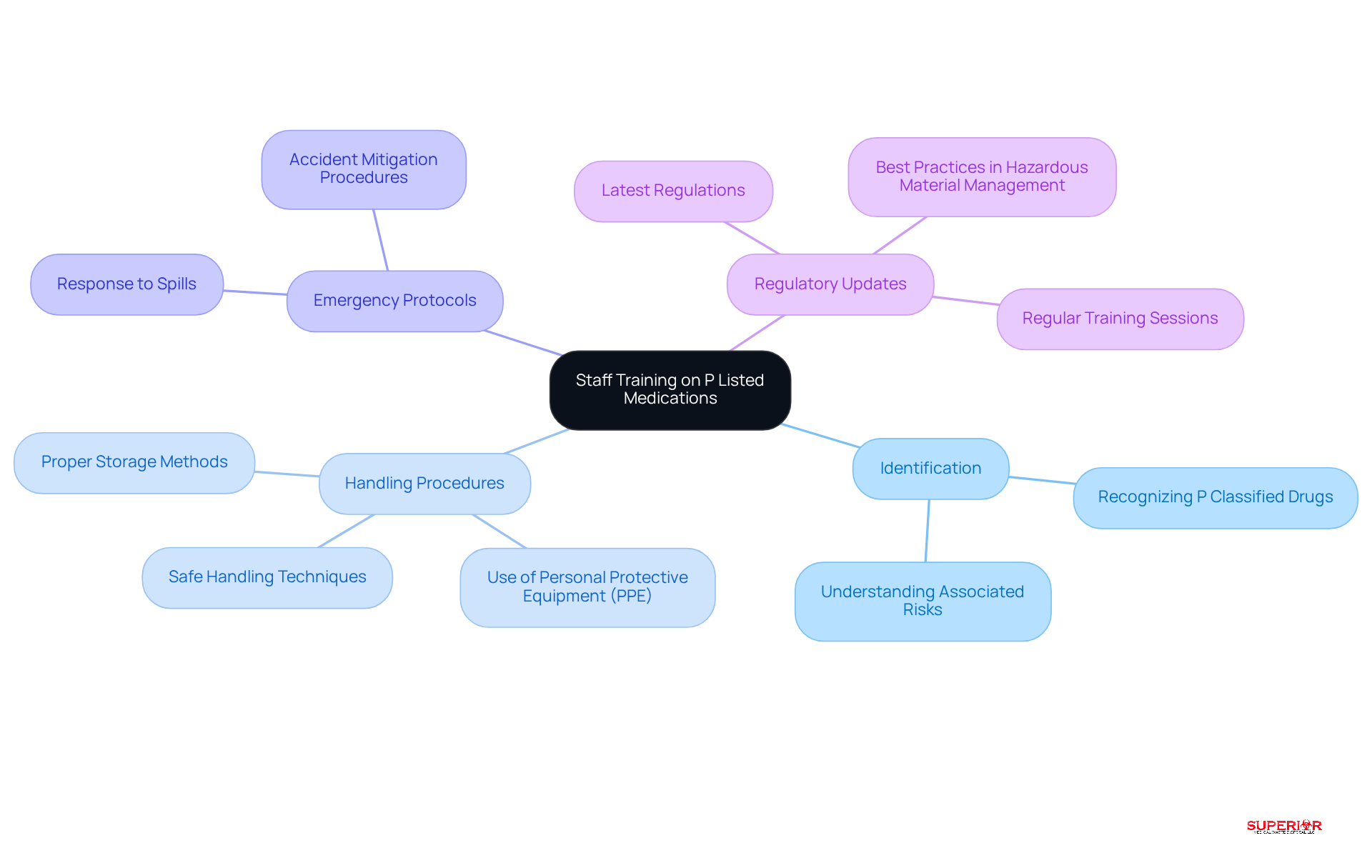 The central node represents the overall goal of training staff on P listed medications. Each branch highlights a key area of focus, with further details available in the sub-branches. This layout helps visualize how each component contributes to effective training and safety.
