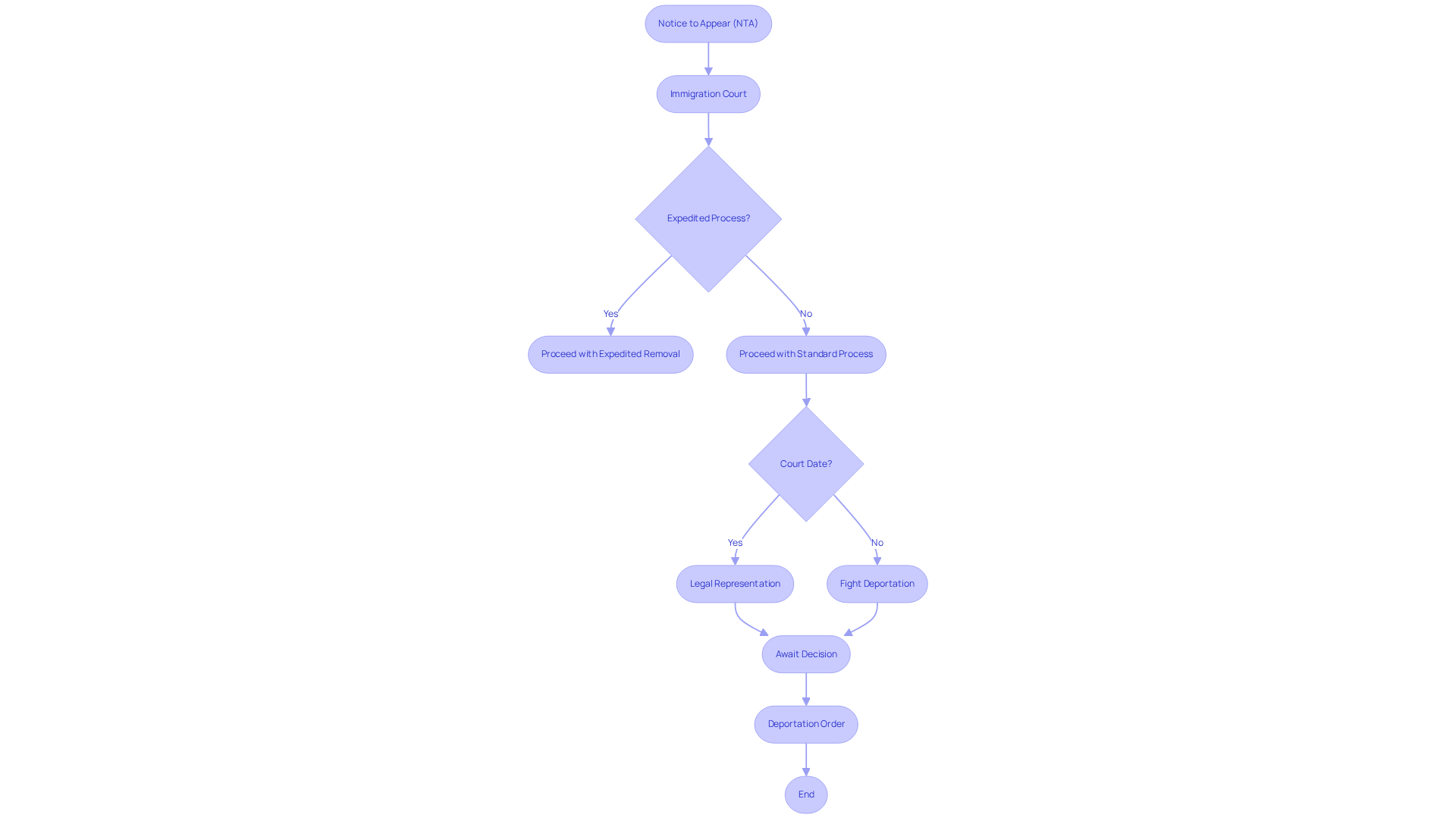 This flowchart outlines the steps involved in the deportation process. Start at the top with the Notice to Appear, then follow the arrows to see what happens next. Each decision point shows different paths based on the type of process or whether you get a court date.
