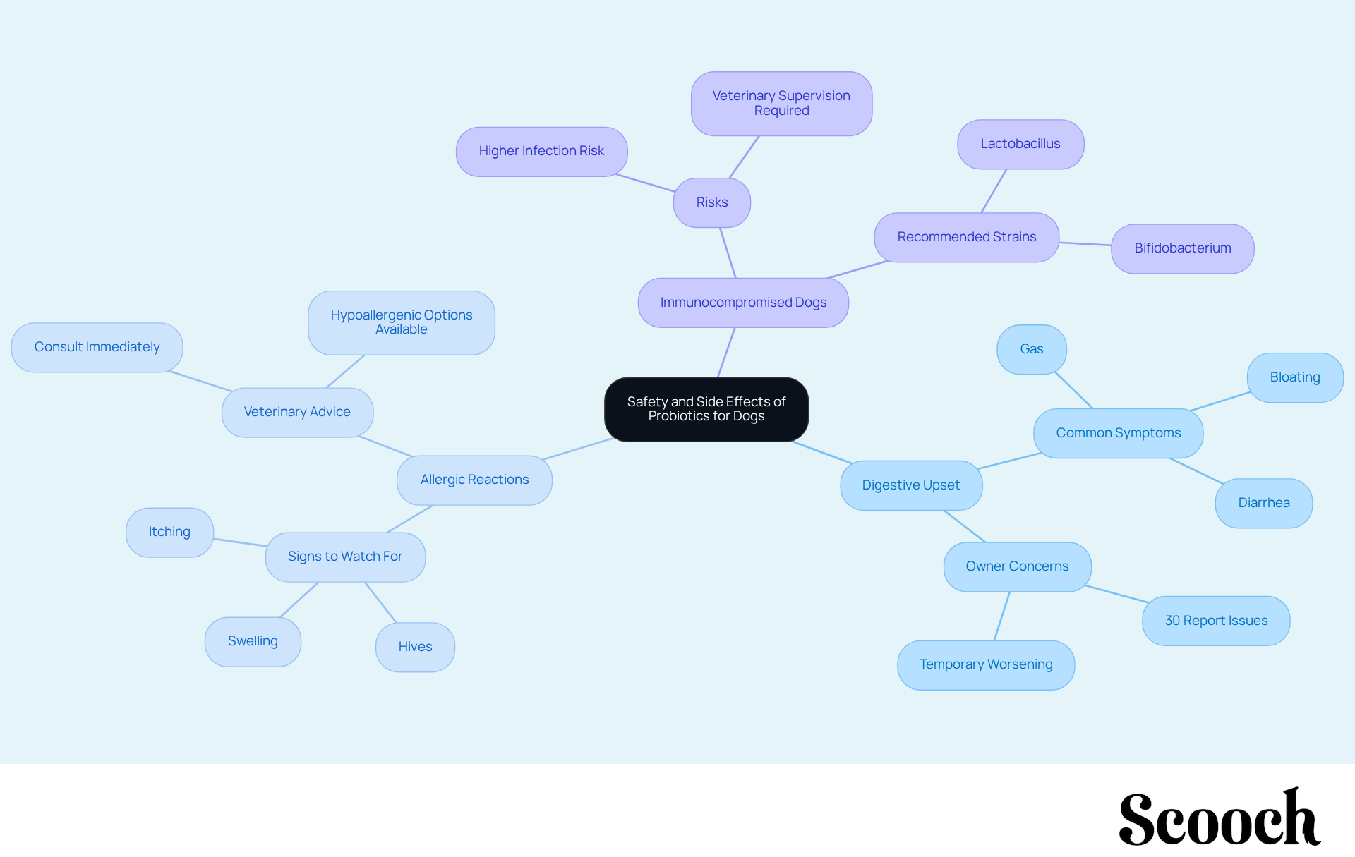 The central node represents the main topic, with branches highlighting specific concerns. Each branch includes details about symptoms or considerations, helping you navigate the important safety information for your furry friend.