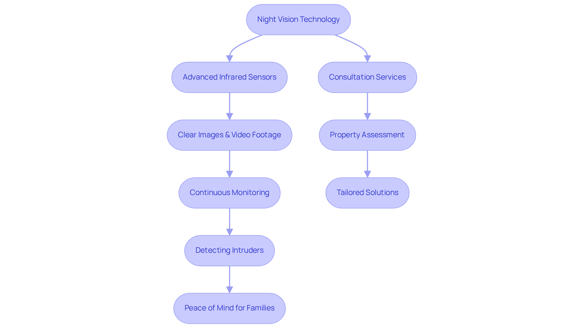 Follow the arrows to see how night vision technology works for home security, from its features to the consultation process that ensures it fits your needs.