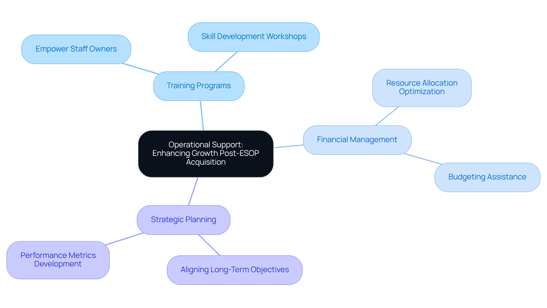 At the center is the main theme of operational support, with branches representing key areas that contribute to successful employee ownership. Each branch expands on initiatives aimed at enhancing growth and efficiency. At the center is the main theme of operational support, with branches representing key areas that contribute to successful employee ownership. Each branch expands on initiatives aimed at enhancing growth and efficiency.