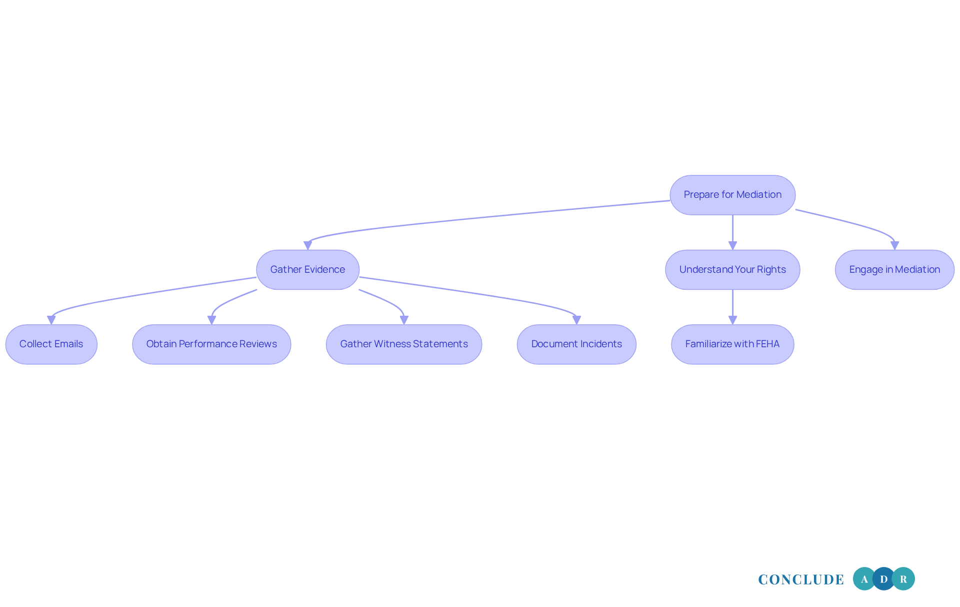 Follow the arrows to see the steps you need to take to prepare for mediation. Each box represents an important action, and the sub-steps provide details on what to gather or understand.