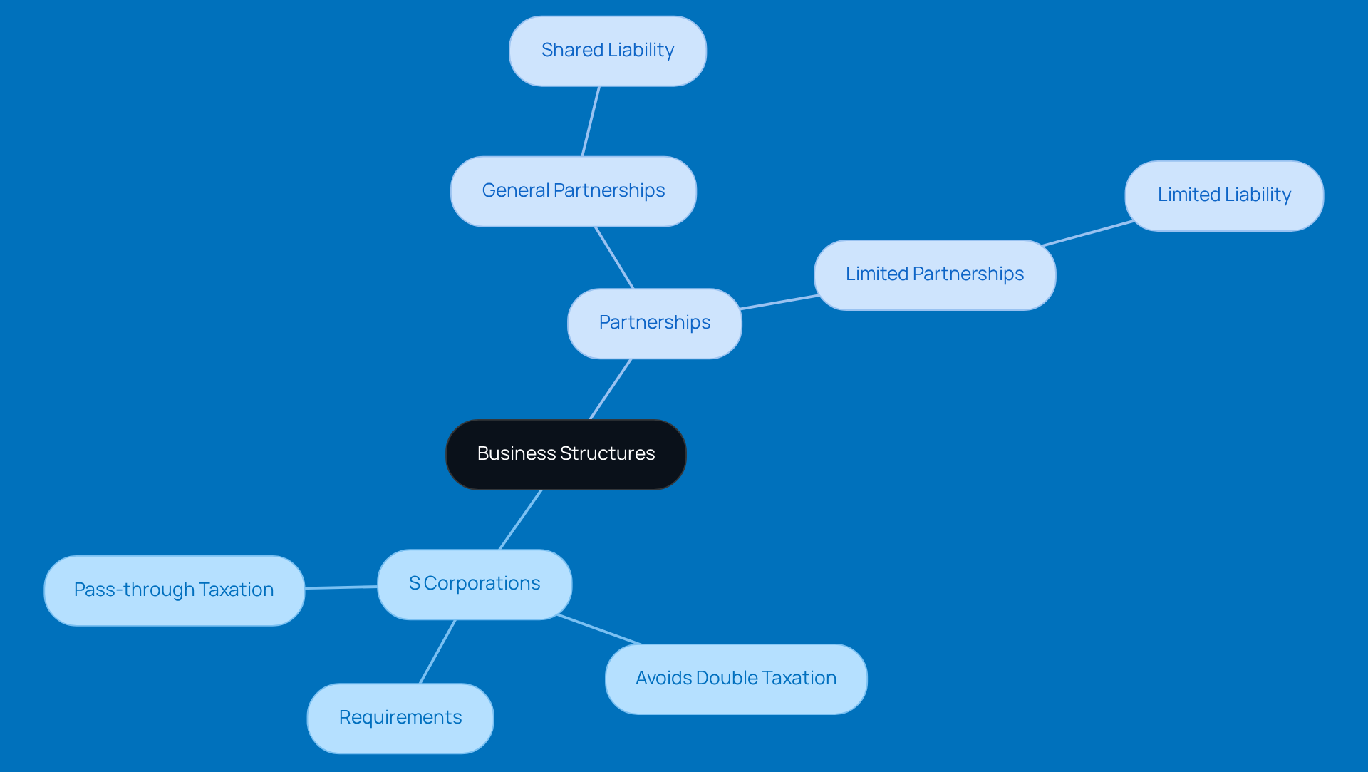 The central node represents business structures, with branches showing the key features of S Corporations and Partnerships. Each sub-node provides more detail about the characteristics and types of each structure.