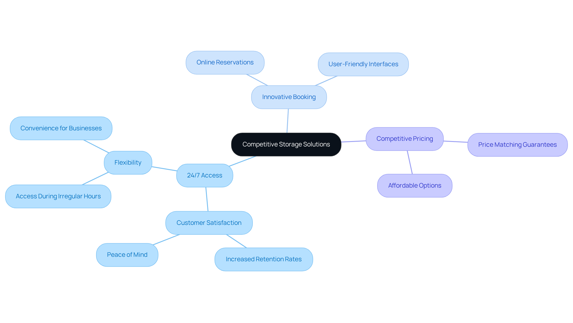Start at the center with the main topic of storage solutions, then explore the branches to see important features and how they impact homeowner satisfaction.