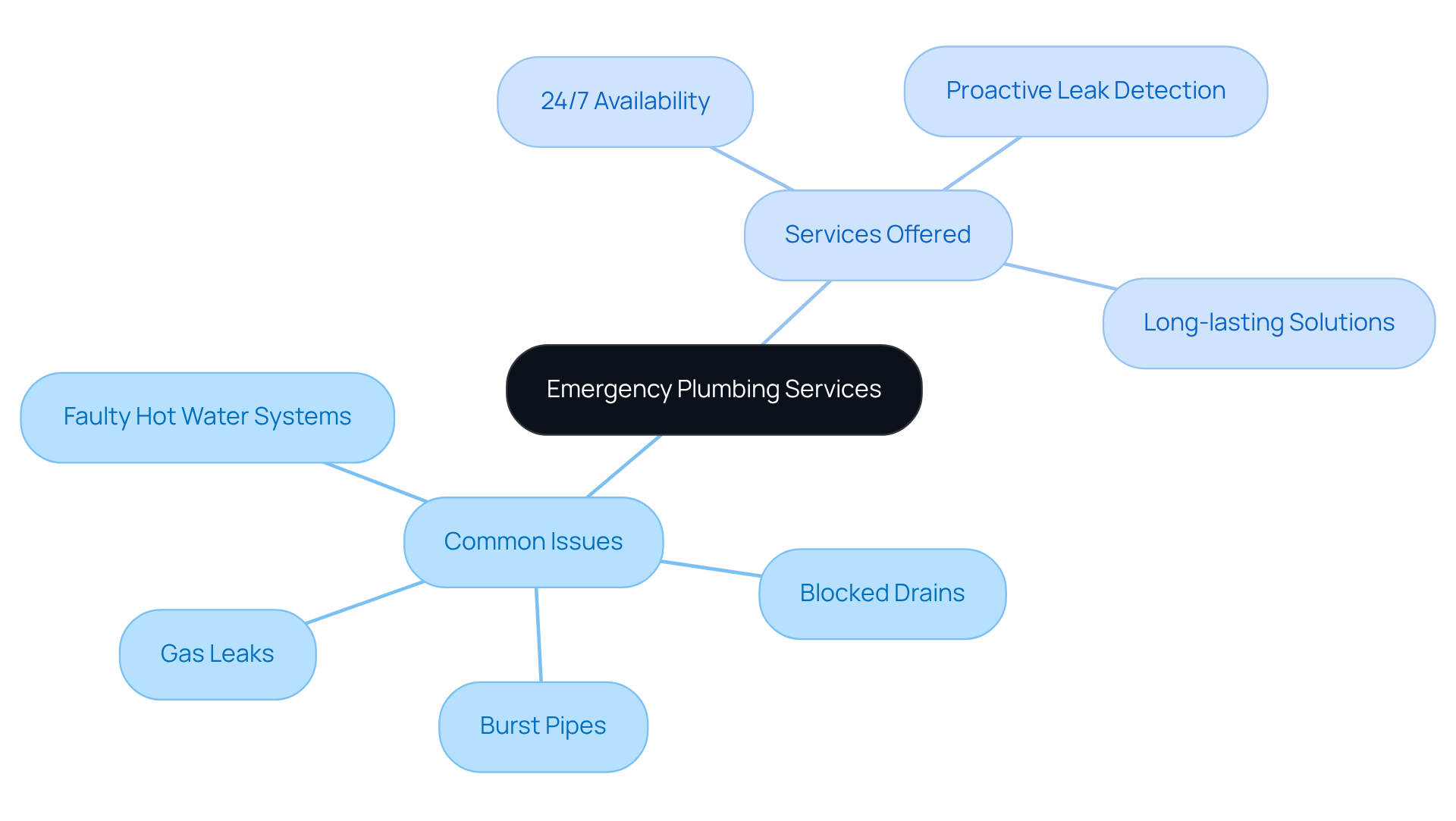 The center represents the overall service, while branches show common plumbing issues and the services provided to address them. Each color-coded branch helps you quickly identify different aspects of emergency plumbing.
