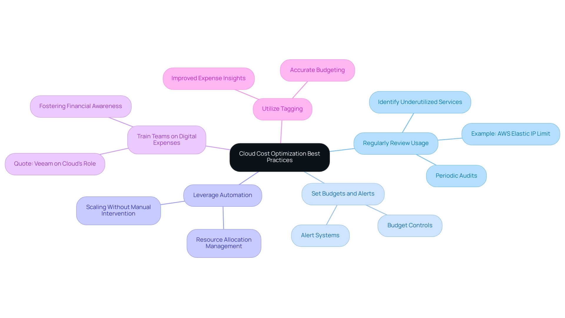 The central node represents the overarching theme of cloud cost optimization, with branches delineating specific best practices.