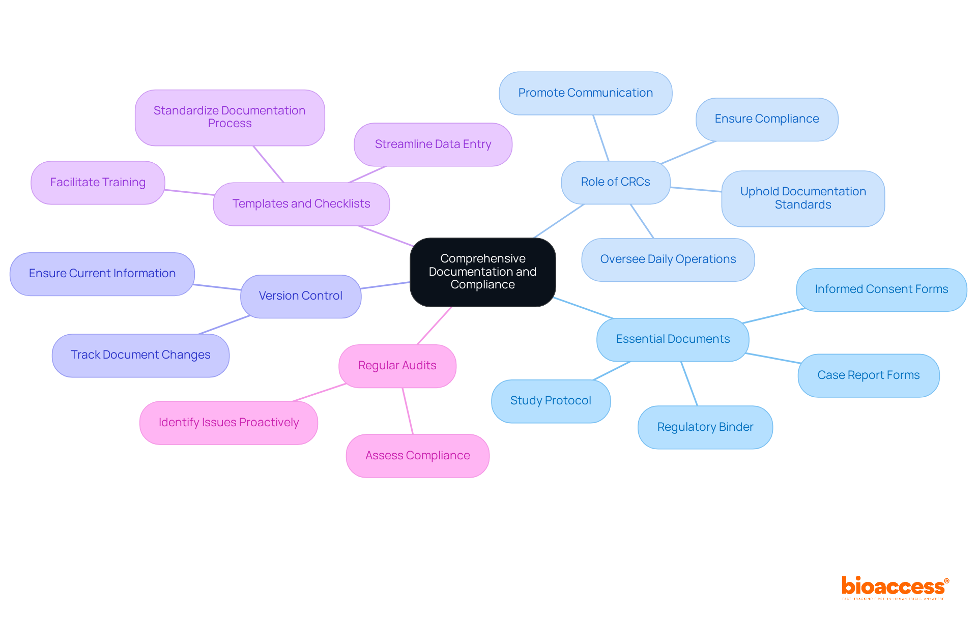 The central node represents the main focus on documentation and compliance. Each branch highlights a key area of practice, with further details available as you explore each branch.