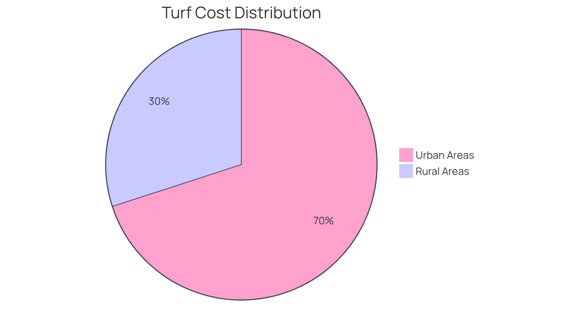 This pie chart shows how the cost of installing artificial grass varies based on where you live. The larger segment represents urban areas, where costs can be 20-40% higher than in rural areas, which is shown in the smaller segment. This helps homeowners understand how location impacts their landscaping budget.