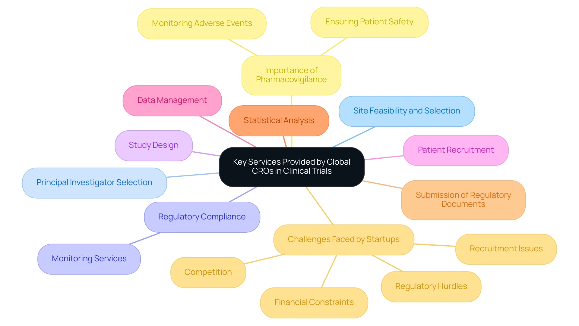 Each branch represents a primary service offered by CROs, with color coding to differentiate between various service categories.