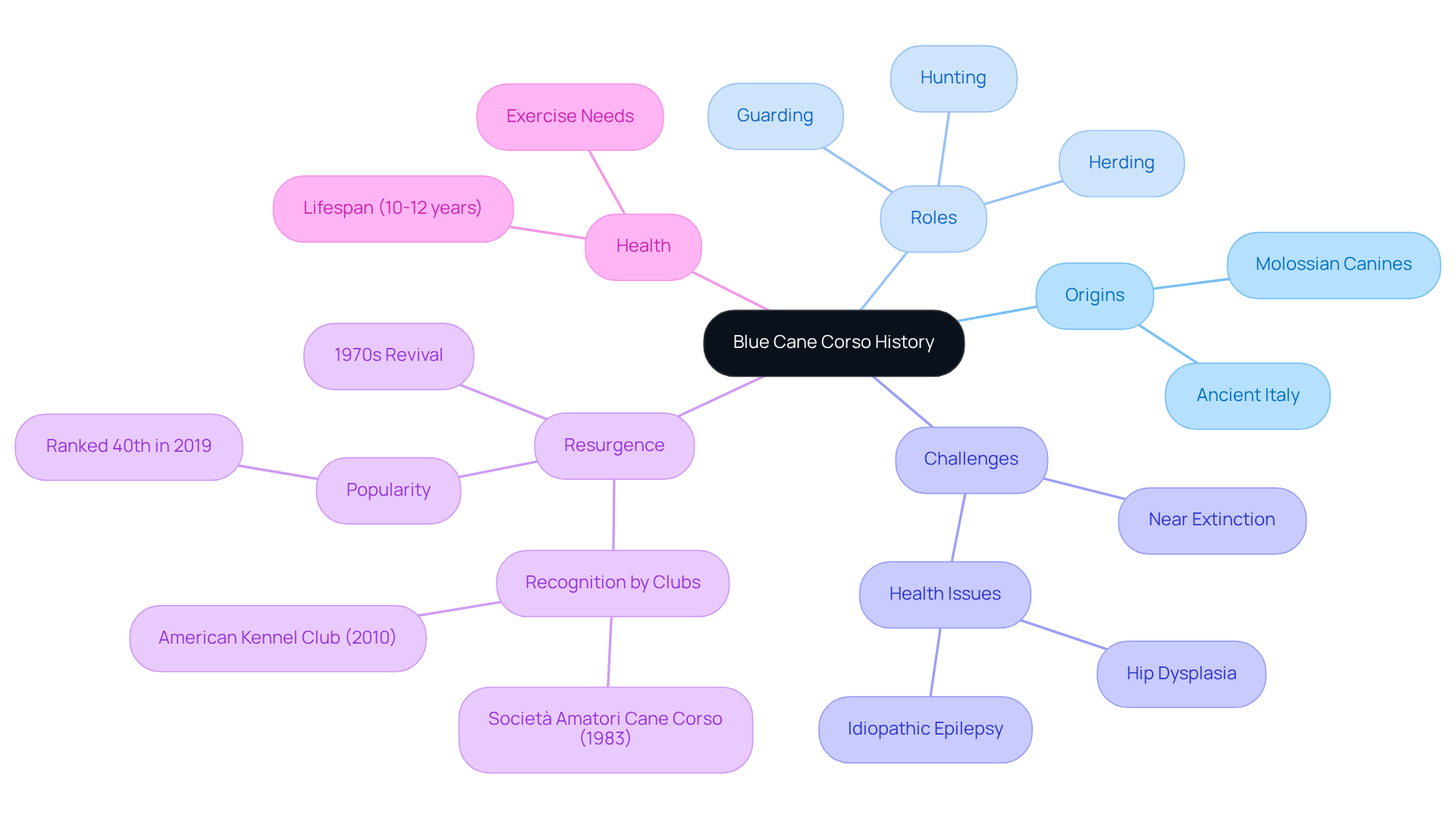This mindmap illustrates the fascinating journey of the Blue Cane Corso—from its ancient origins to its modern-day roles and challenges. Each branch represents a key aspect of the breed's history, helping you see how everything is connected.