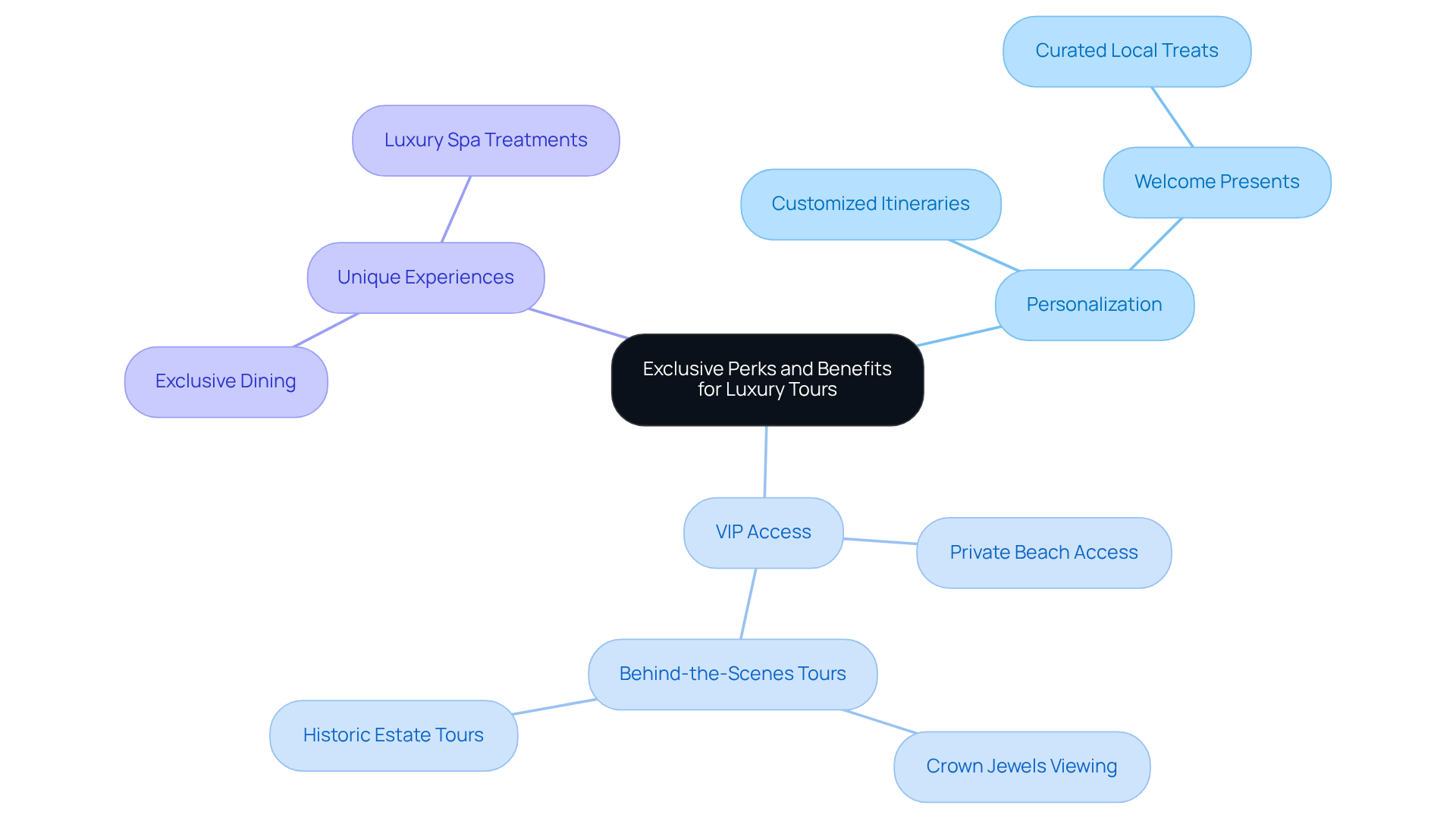 The central node represents the main theme of exclusive perks, while the branches show different aspects that contribute to a luxurious experience. Each branch highlights specific perks or concepts that enhance the overall journey.