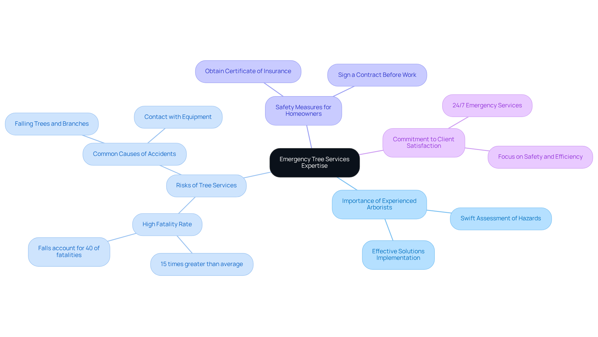 This mindmap starts with the central theme of expertise in tree services and branches out to show related concepts, risks, and client safety measures. Follow the branches to explore each area and understand how they connect.