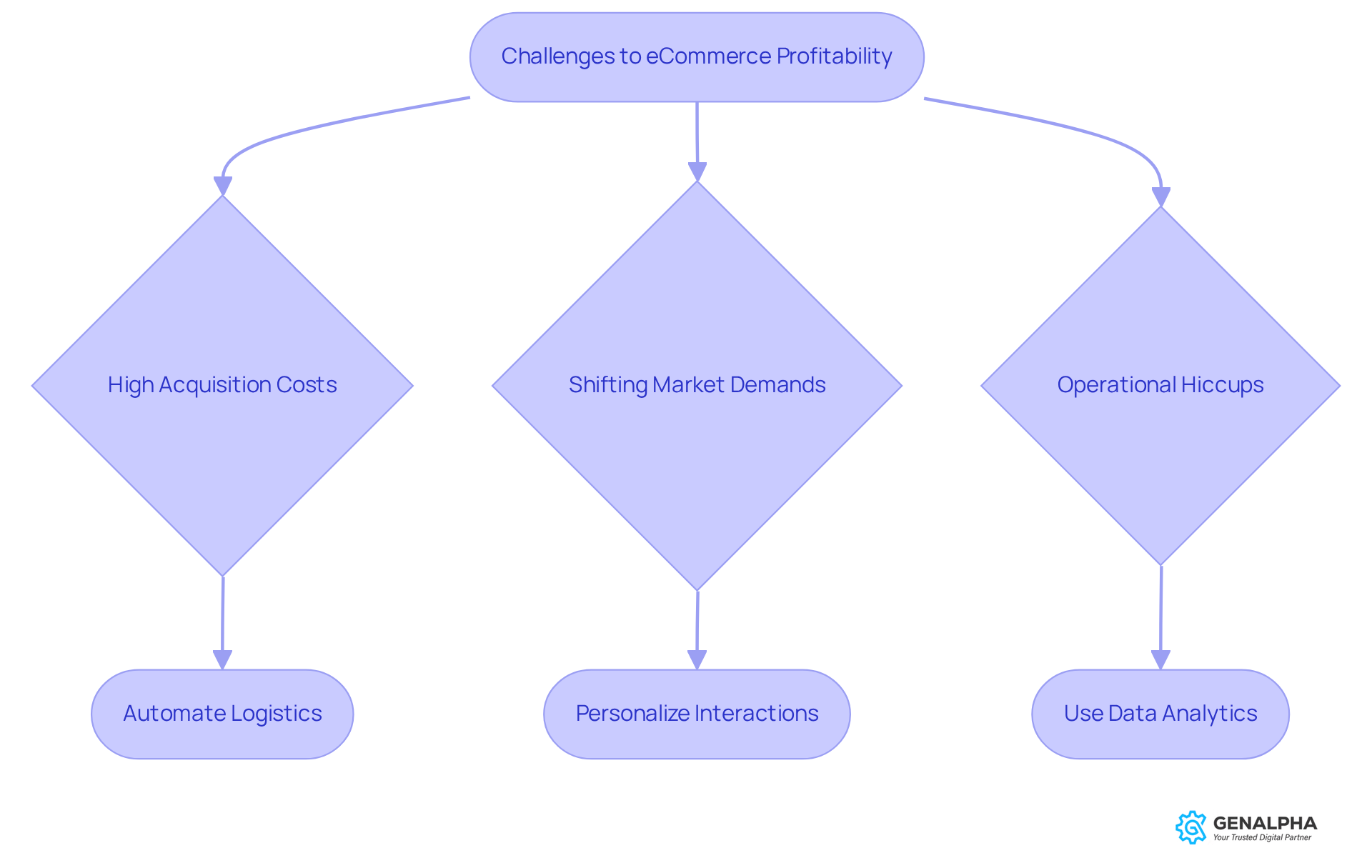 This flowchart shows the main challenges eCommerce businesses face in becoming profitable and the strategies to tackle each challenge. Follow the arrows to see how each challenge connects to its potential solution.