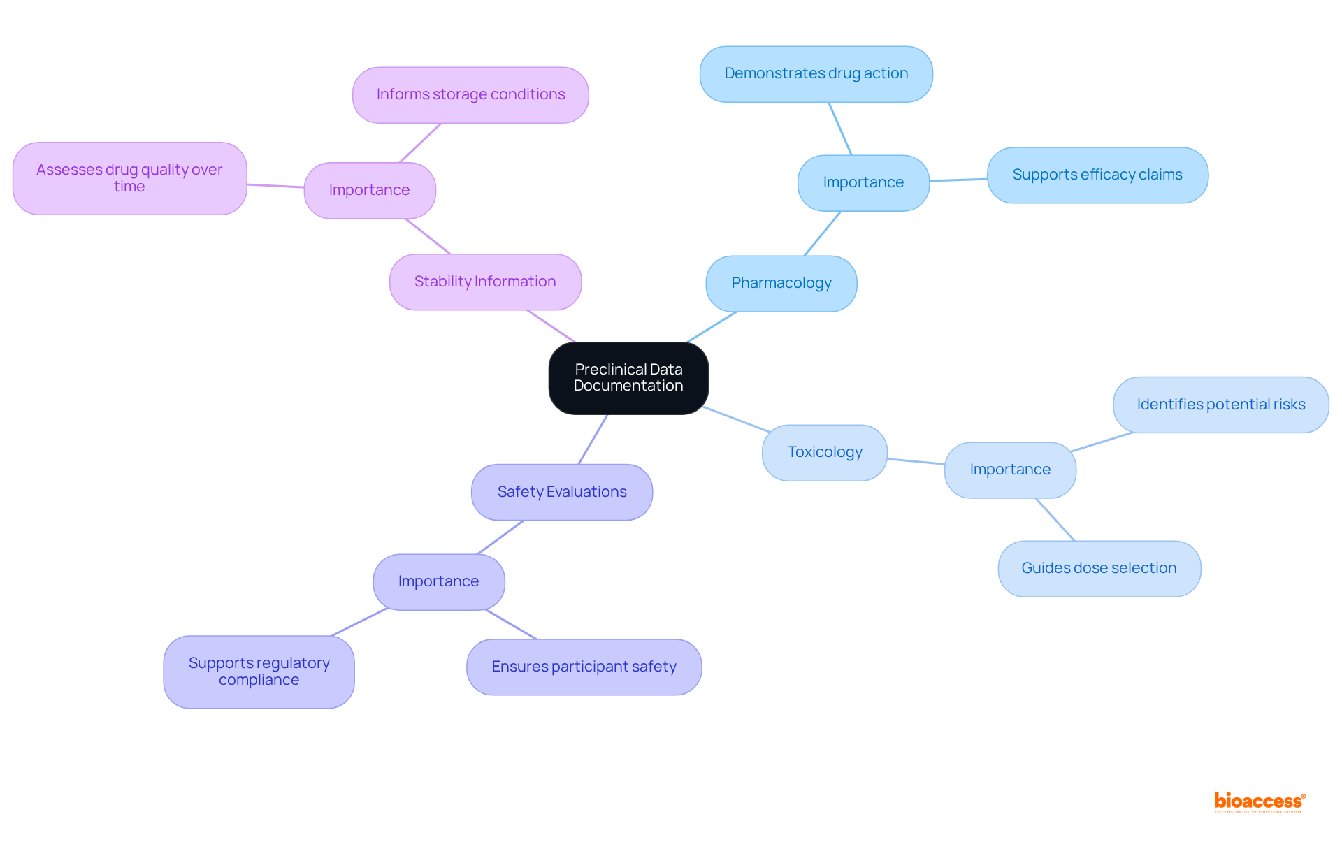 The center represents the key theme of documentation quality. Each branch shows an essential component of preclinical studies, helping you see how they contribute to successful IND submissions.