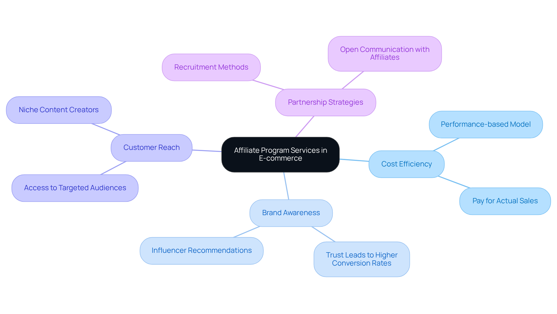 Start at the center with the main topic, then explore the branches to see how each aspect contributes to the overall effectiveness of affiliate programs in e-commerce. Start at the center with the main topic, then explore the branches to see how each aspect contributes to the overall effectiveness of affiliate programs in e-commerce.