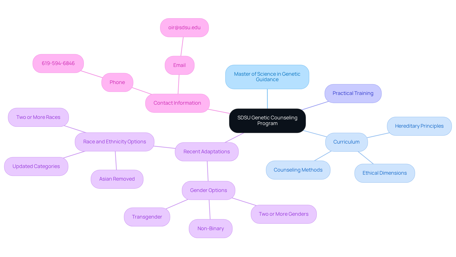The center represents the program, with branches showing different aspects like coursework and recent changes. Each branch helps you understand what the program offers and how it adapts to current needs.