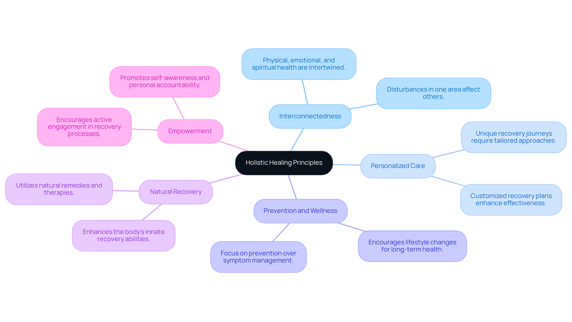 The central node represents holistic healing, while each branch shows a key principle. The sub-points provide additional details about each principle, illustrating how they contribute to overall wellness.
