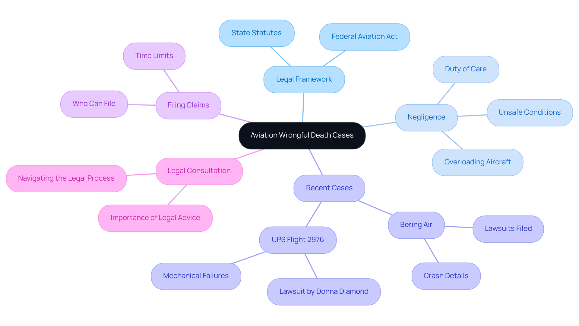 The center represents the main topic, and the branches show different aspects of aviation wrongful death cases. Each branch connects to important details, helping you see how everything relates. The center represents the main topic, and the branches show different aspects of aviation wrongful death cases. Each branch connects to important details, helping you see how everything relates.