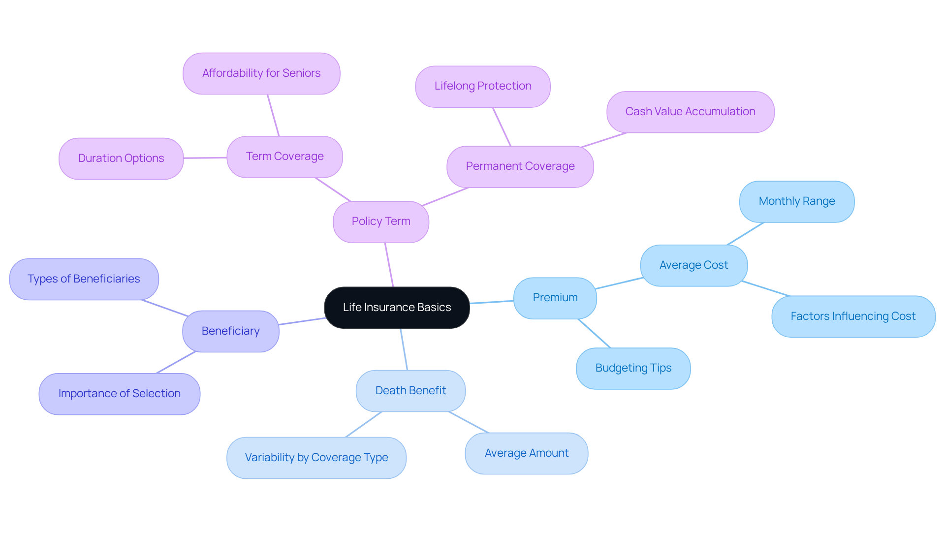 The center represents the overall concept of life insurance, while the branches show the essential elements you need to understand. Each branch provides specific details to help you make informed decisions.