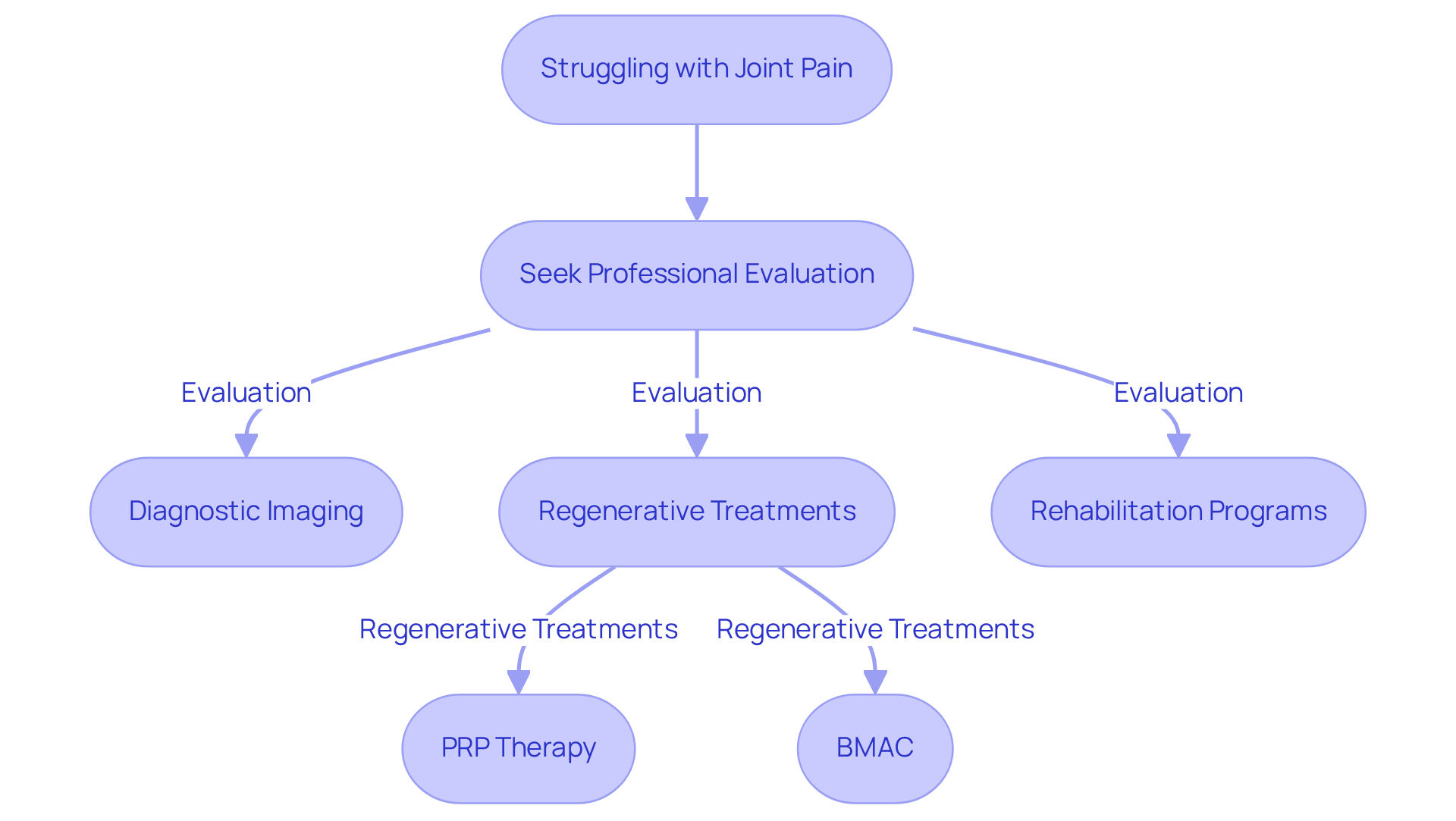 This flowchart guides you through the steps to address joint pain. Start at the top with your struggle, then follow the arrows to see how seeking help leads to evaluations and various treatment options.