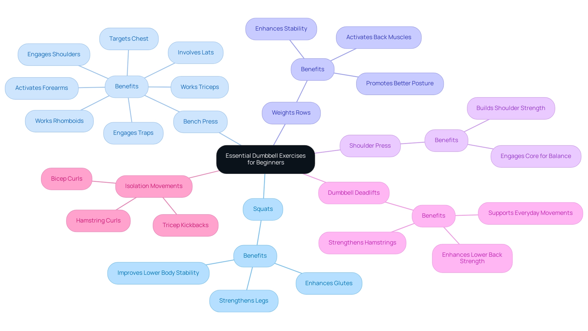 Each branch represents a specific exercise, with sub-branches detailing targeted muscle groups. Different colors indicate whether the exercise is a compound or isolation movement.