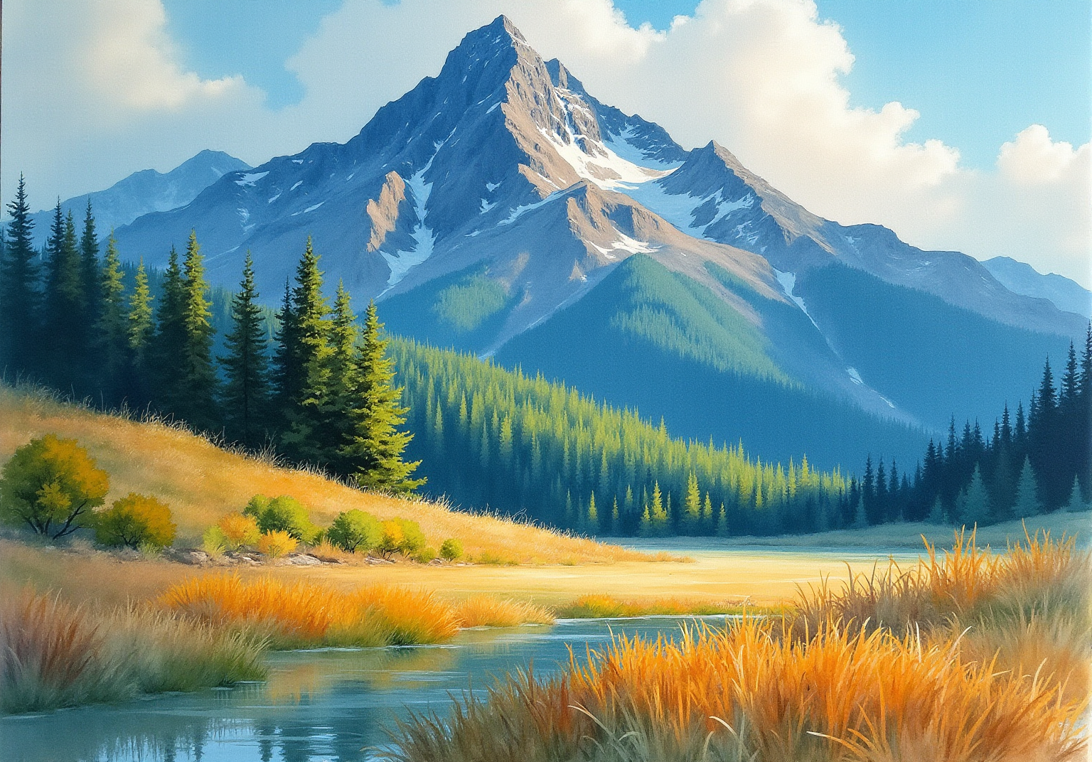 Dynamic Watercolor Mountain Landscape