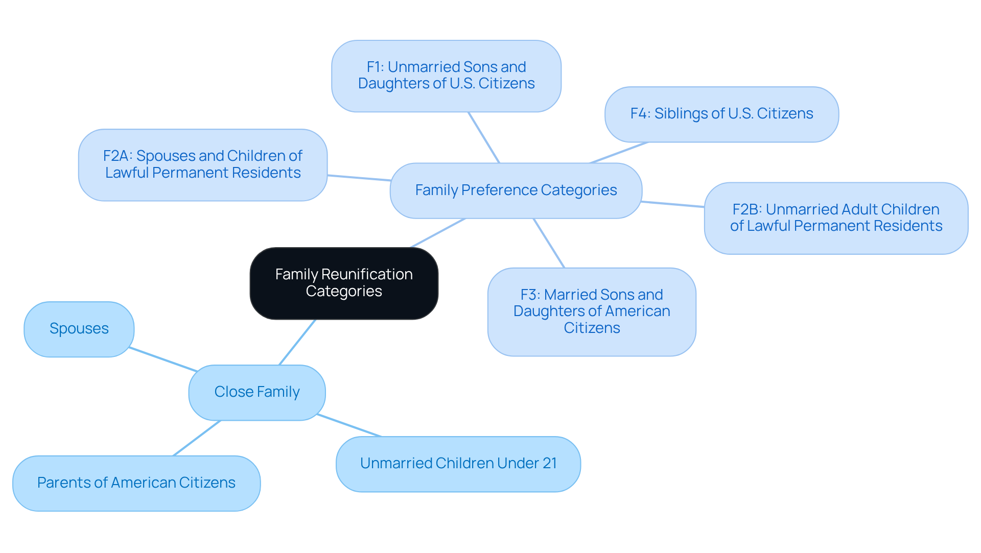 Start at the center with the main topic, then follow the branches to explore the different types of family reunification. Each branch represents a category, and the sub-branches show specific types within those categories.