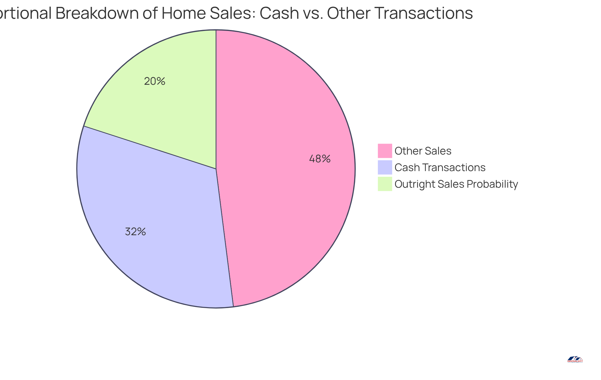 This chart shows how much of the home sales are cash transactions versus other types. The larger slice represents cash sales, highlighting their importance in the market, while the smaller section reflects the chance of selling outright. This chart shows how much of the home sales are cash transactions versus other types. The larger slice represents cash sales, highlighting their importance in the market, while the smaller section reflects the chance of selling outright.