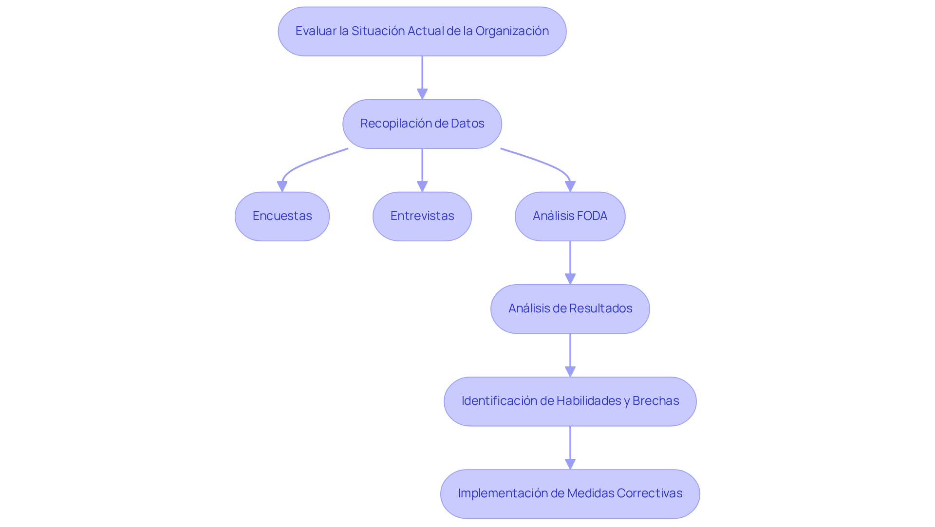 Este diagrama muestra los pasos que una organización debe seguir para evaluar su situación actual. Comienza con la recopilación de datos y avanza a través de cada etapa hasta llegar a la implementación de medidas correctivas. Sigue las flechas para entender cómo cada paso se conecta con el siguiente.