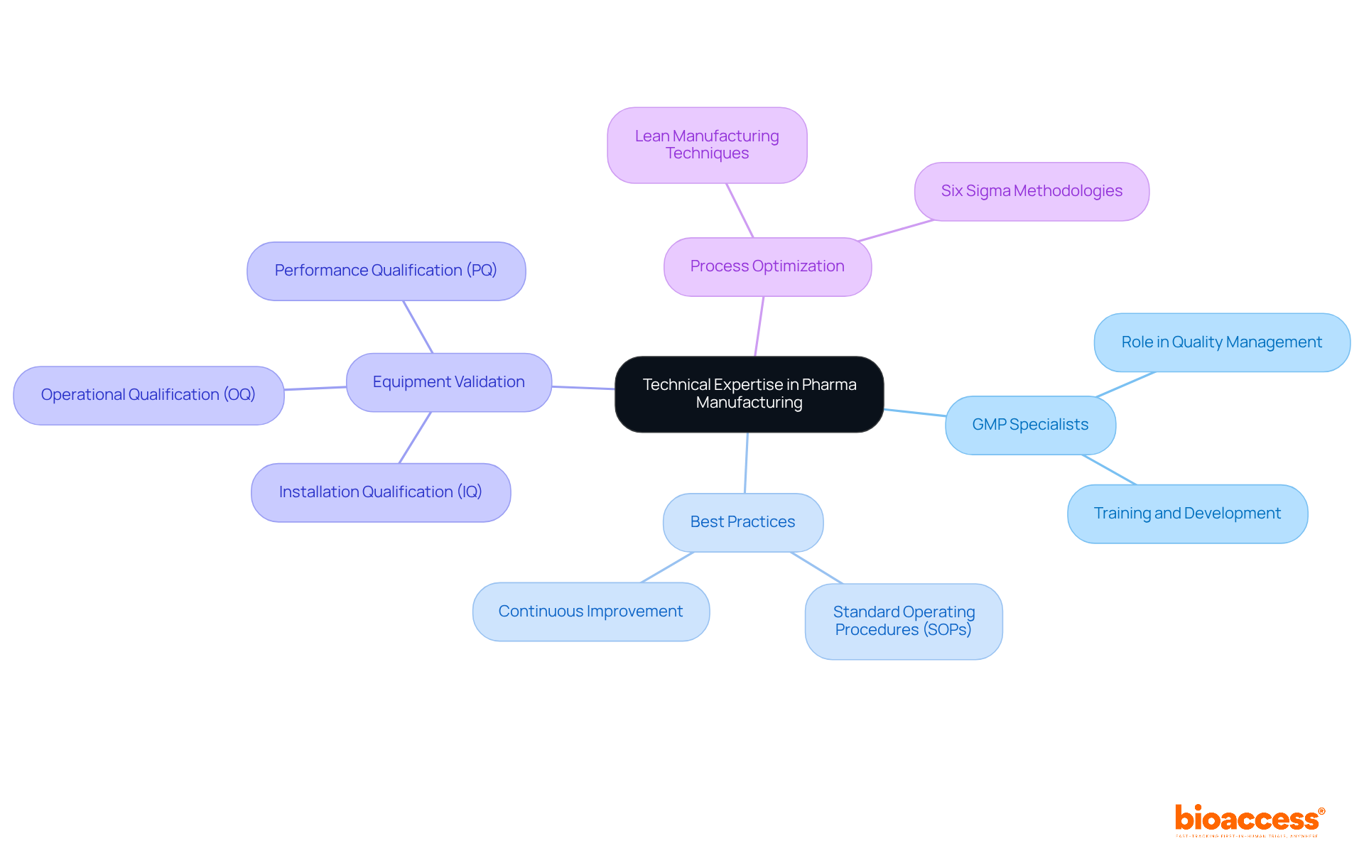 The central node represents the core concept, while the branches illustrate important aspects of technical expertise that impact pharmaceutical manufacturing, showing how they connect and contribute to overall quality and safety.