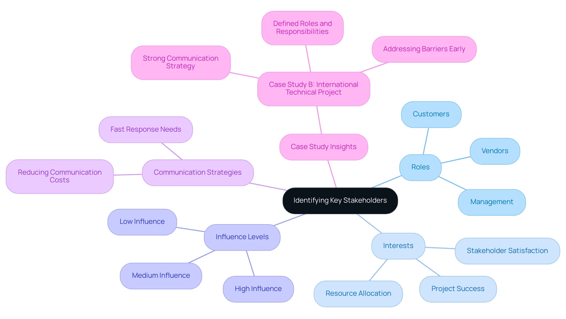 The central node represents the overall process of identifying stakeholders, with branches showing roles, interests, and influence levels.