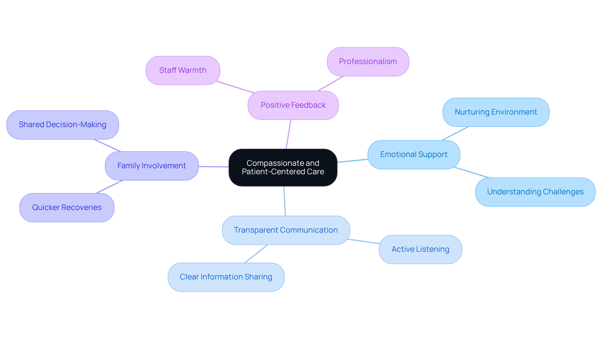 The central node represents the core value of care at Amavita, while the branches illustrate how different aspects contribute to a supportive environment for families and children.