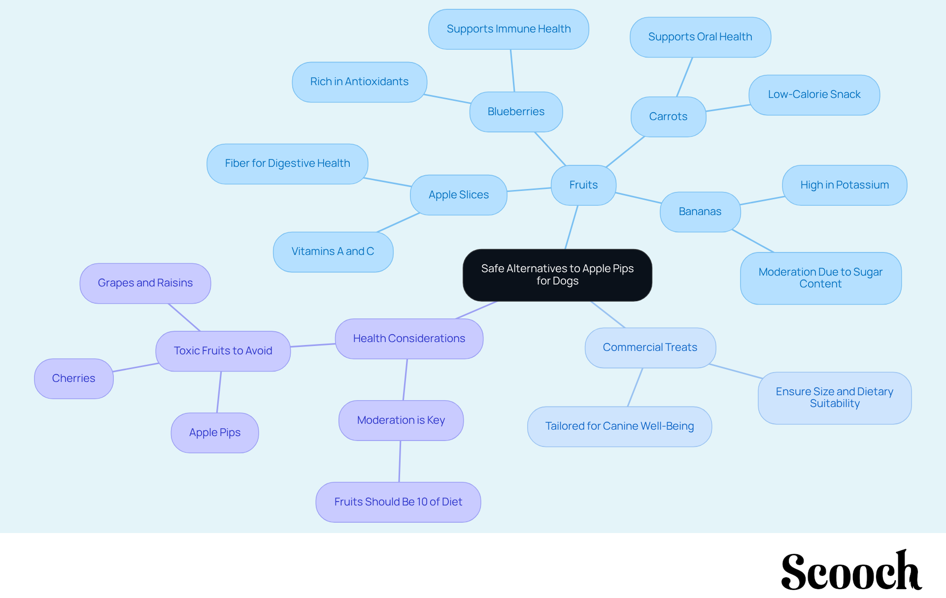 The center shows the main topic of safe alternatives to apple pips. Each branch represents a different category of treats or considerations, helping you understand what is safe and healthy for your dog. The center shows the main topic of safe alternatives to apple pips. Each branch represents a different category of treats or considerations, helping you understand what is safe and healthy for your dog.