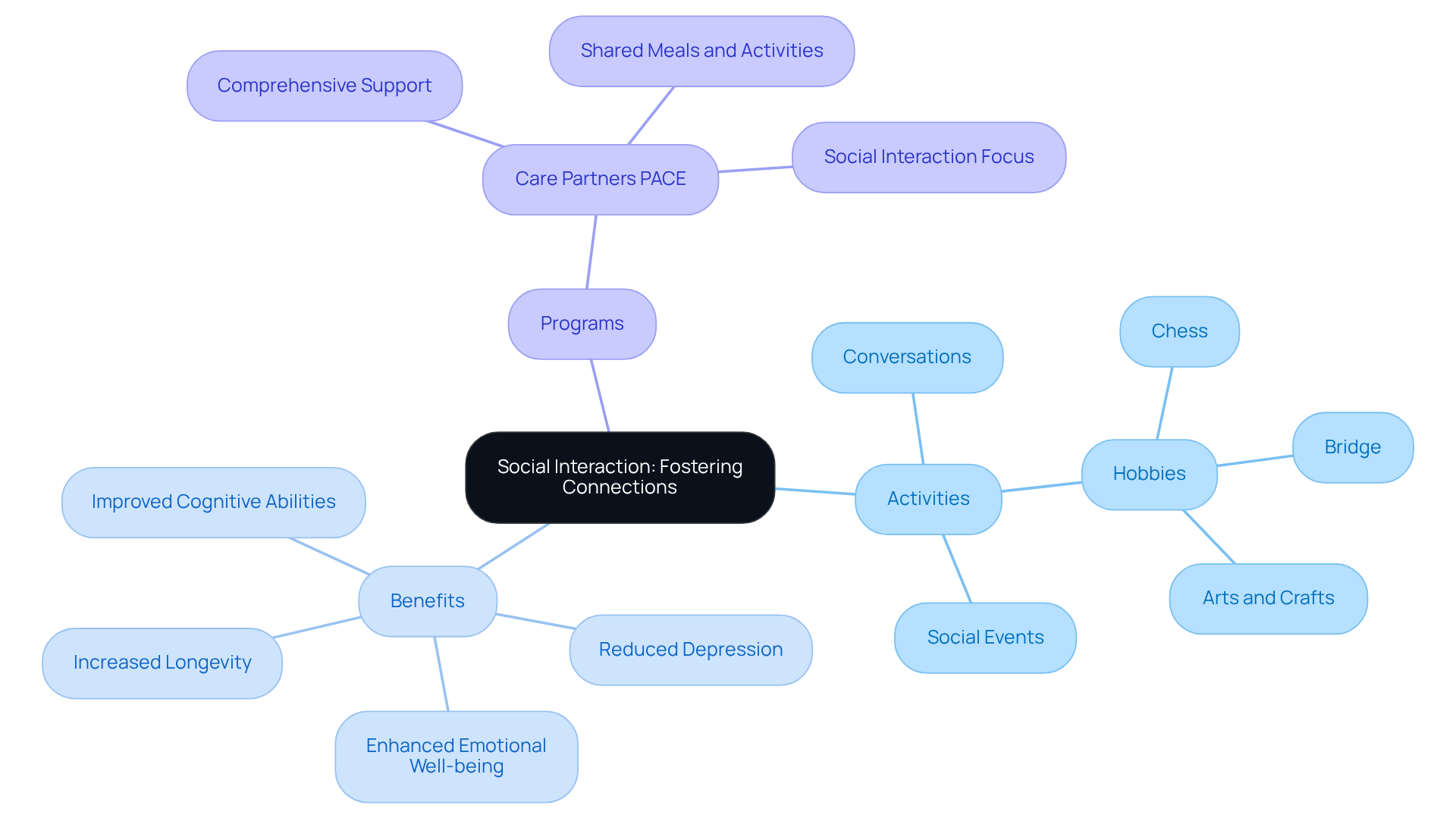 The central idea is social interaction, and the branches show how different activities and programs contribute to emotional and cognitive benefits. Each branch leads you to understand how crucial these connections are for well-being.